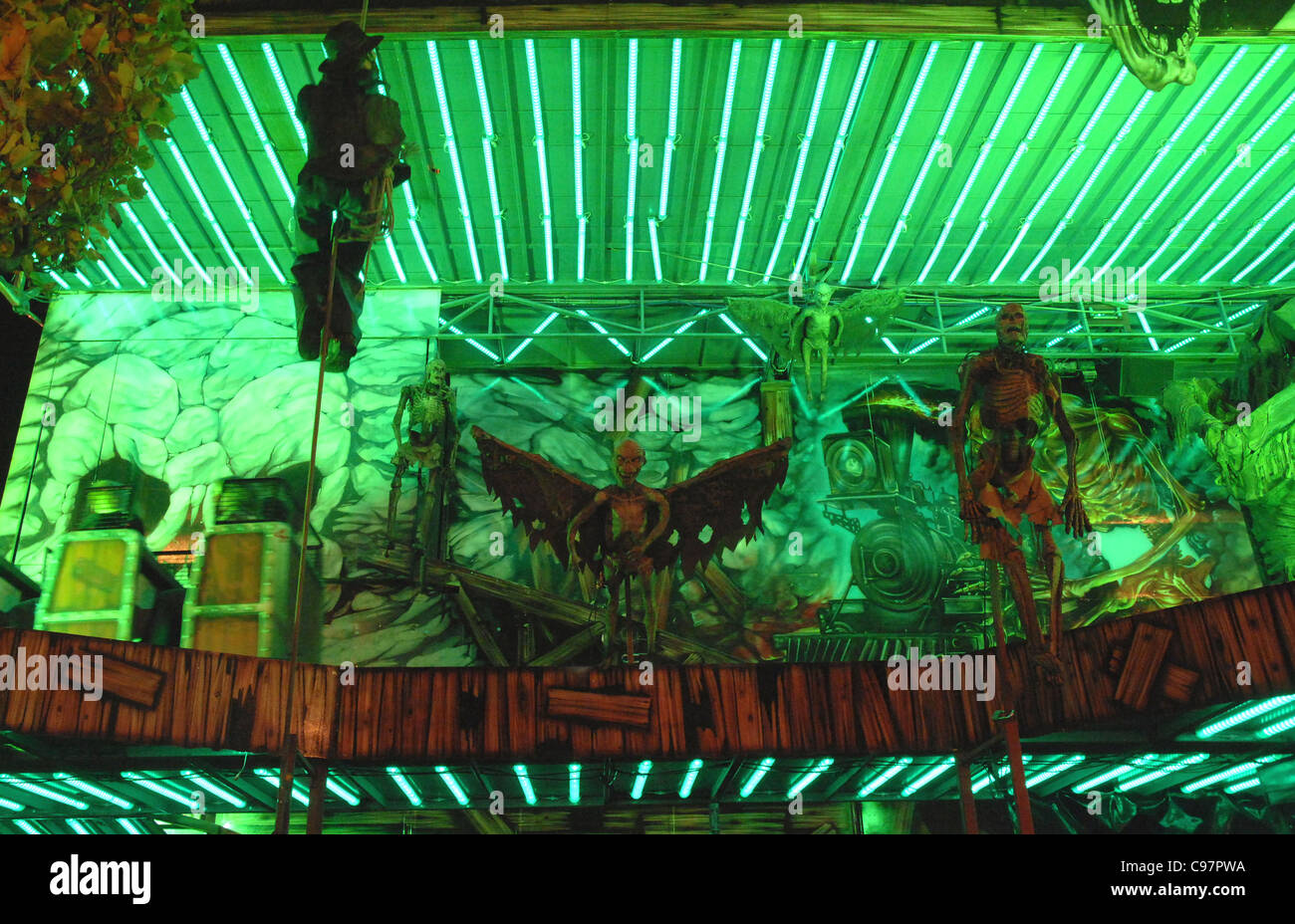 The "Ghost Train" fairground ride at Loughborough street fair. Scary ...