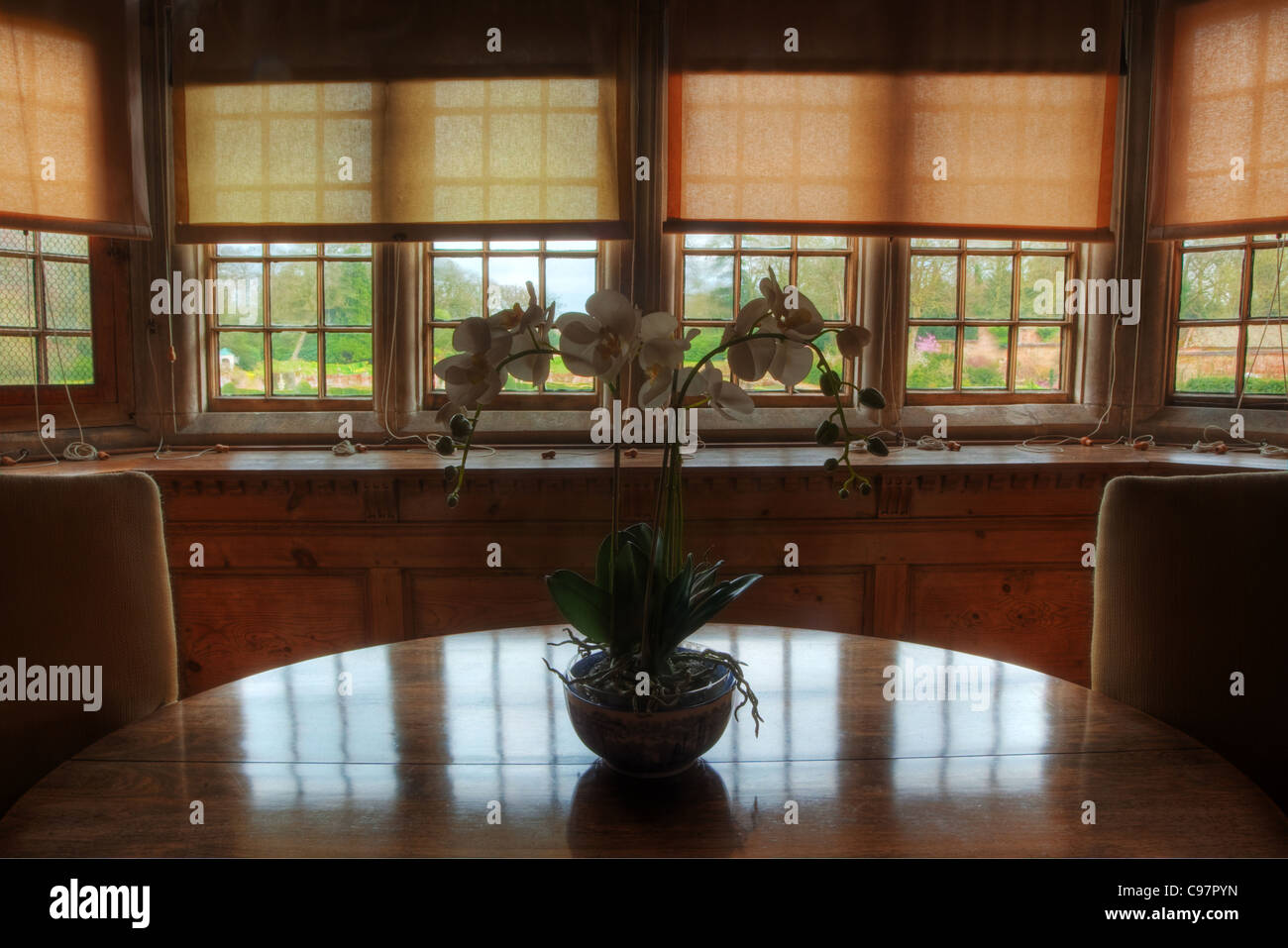 Interior at Blickling Hall showign a table with orchid against a window ...