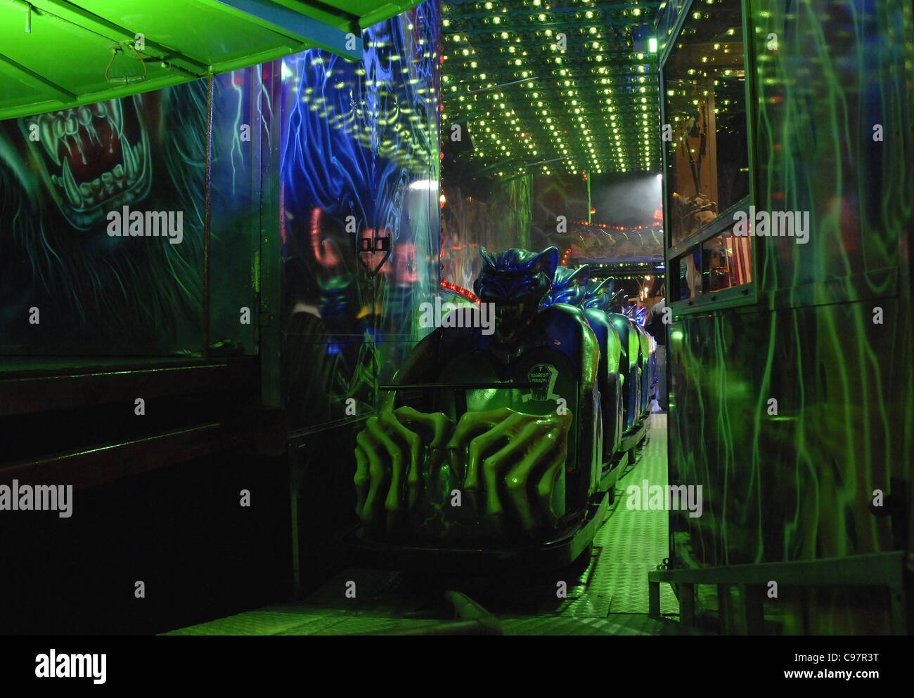 The "Ghost Train" fairground ride at Loughborough street fair. Scary ...