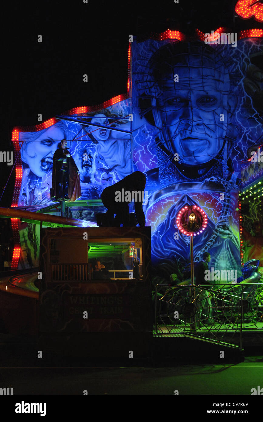 The "Ghost Train" fairground ride at Loughborough street fair. Scary ...