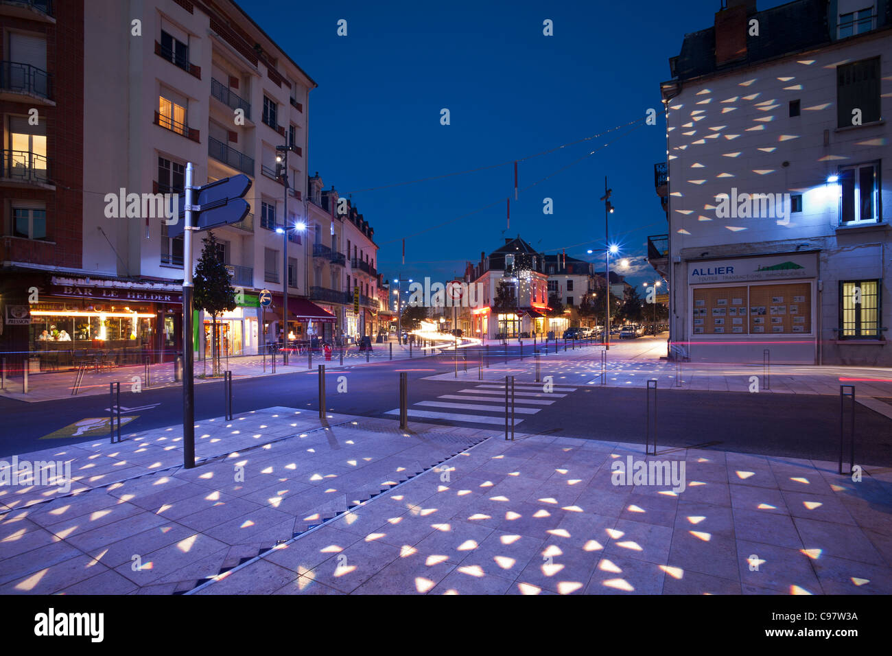 In Vichy, the street of Paris at night (Allier - France). Rue de Paris ...