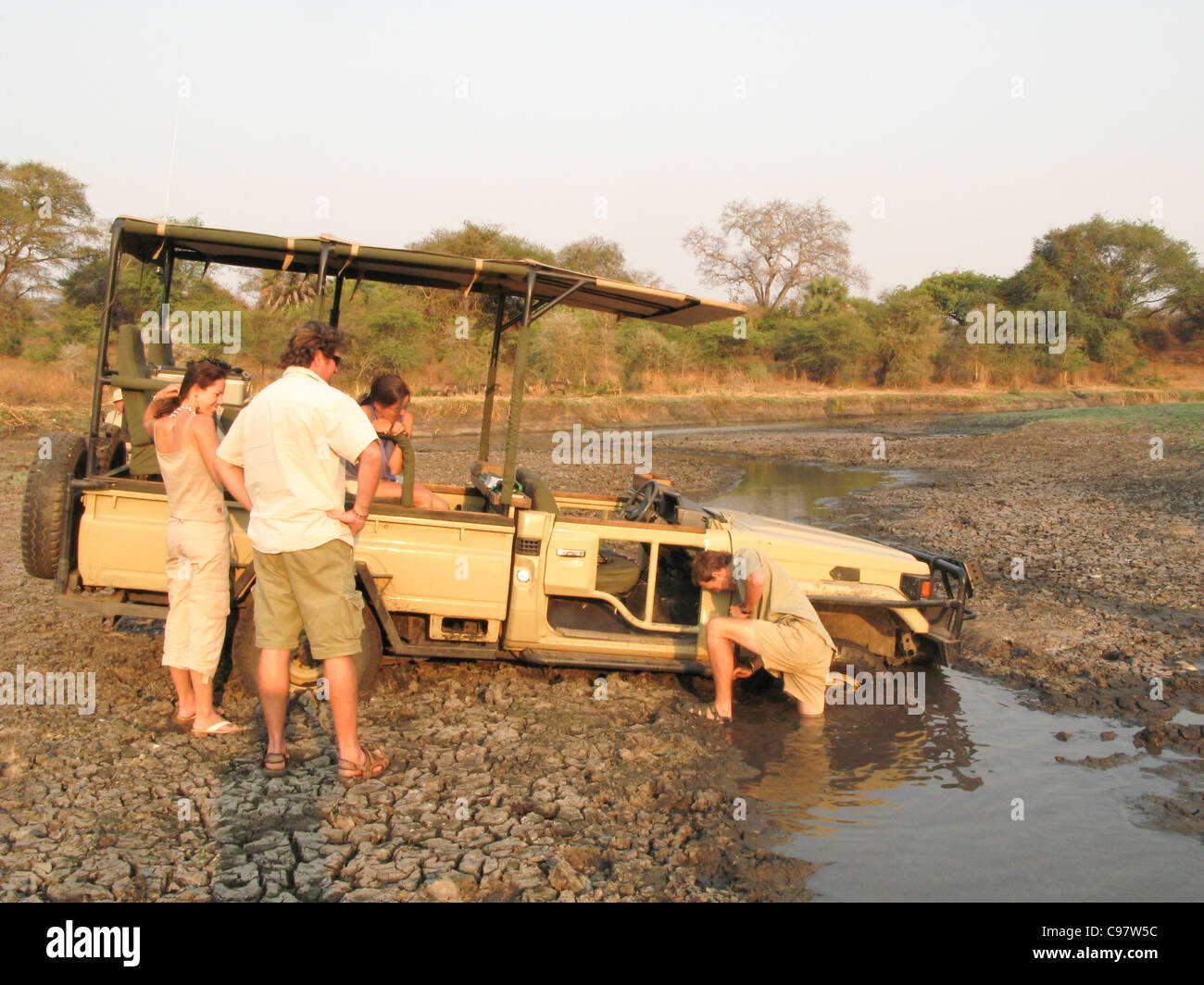 Africa, Tanzania. Katavi. Guide attempting to get safari vehicle ...