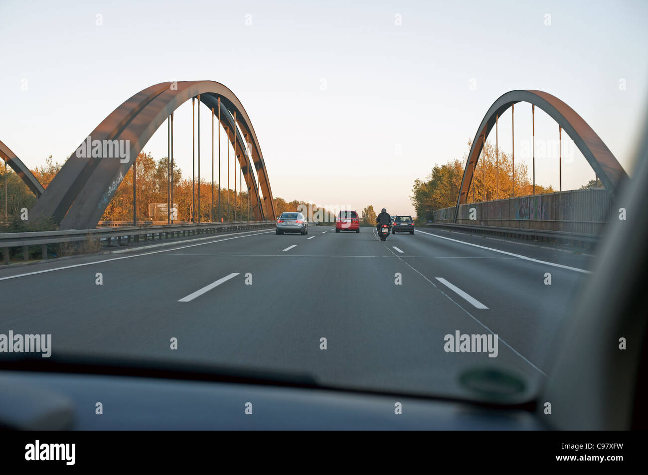 Autobahn as seen from car passengers eye view, Duisburg, Germany Stock ...