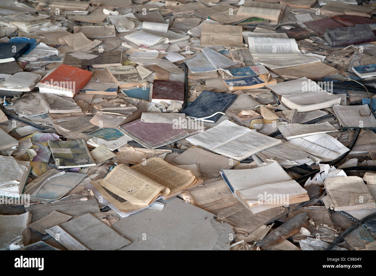 Piles of books scattered over the floor of the Palace of Culture Lenin ...