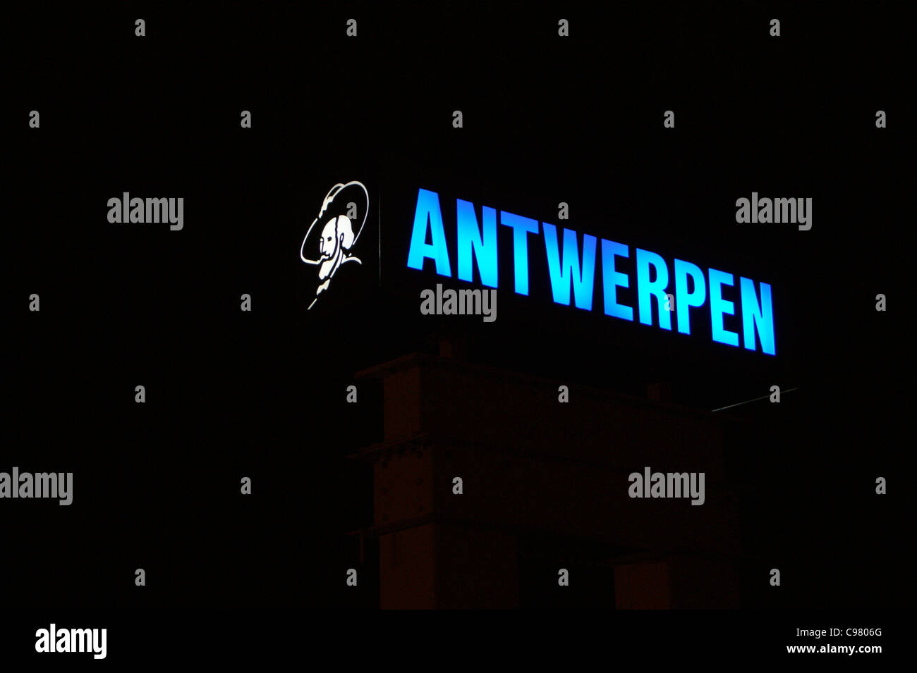 Illuminated sign of Antwerp, 'Antwerpen', with a picture of Peter Paul ...