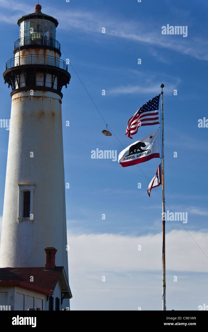 Pigeon Point Light Station with US and California flags, and suspended ...