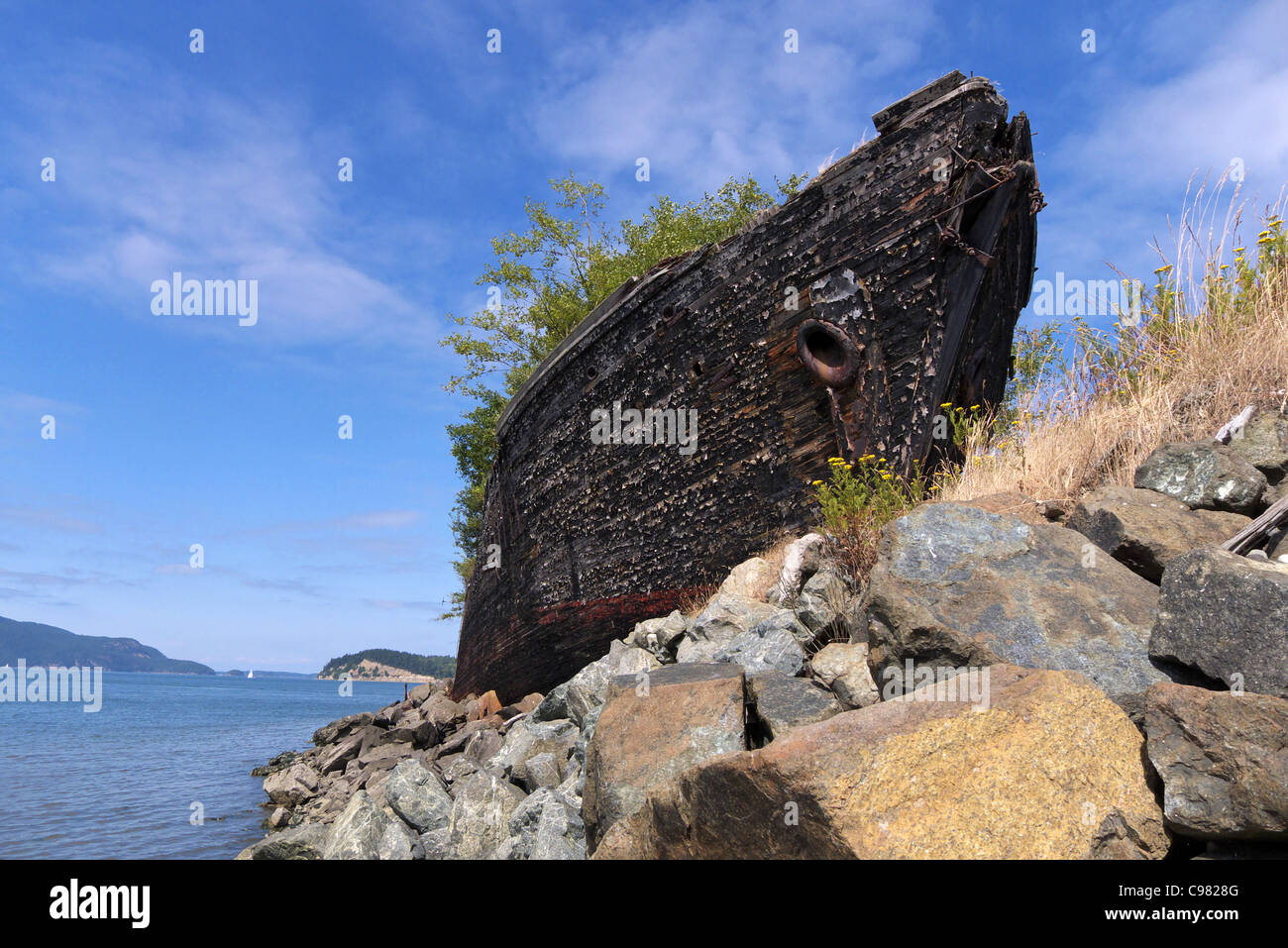 Hull of the 1917 four-masted schooner La Merced used as a breakwater at ...