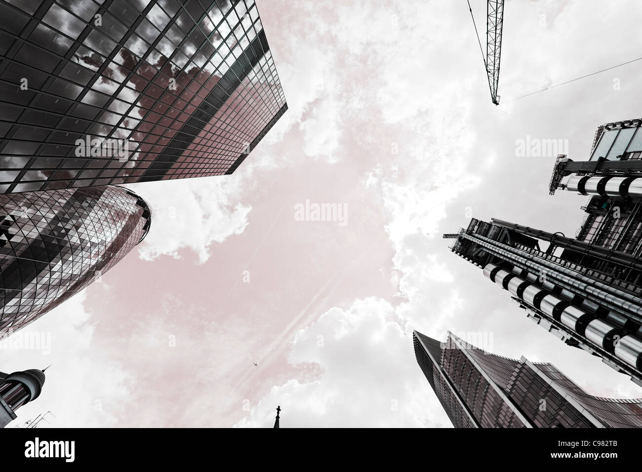 Towers, Skyscrapers, Exterior worms-eye view, City of London, England ...