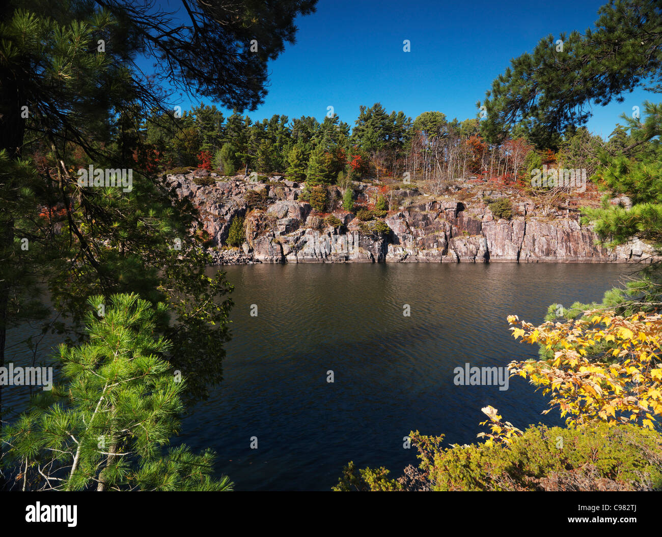 Rocky backs of French River. Fall nature scenery, Ontario, Canada Stock ...
