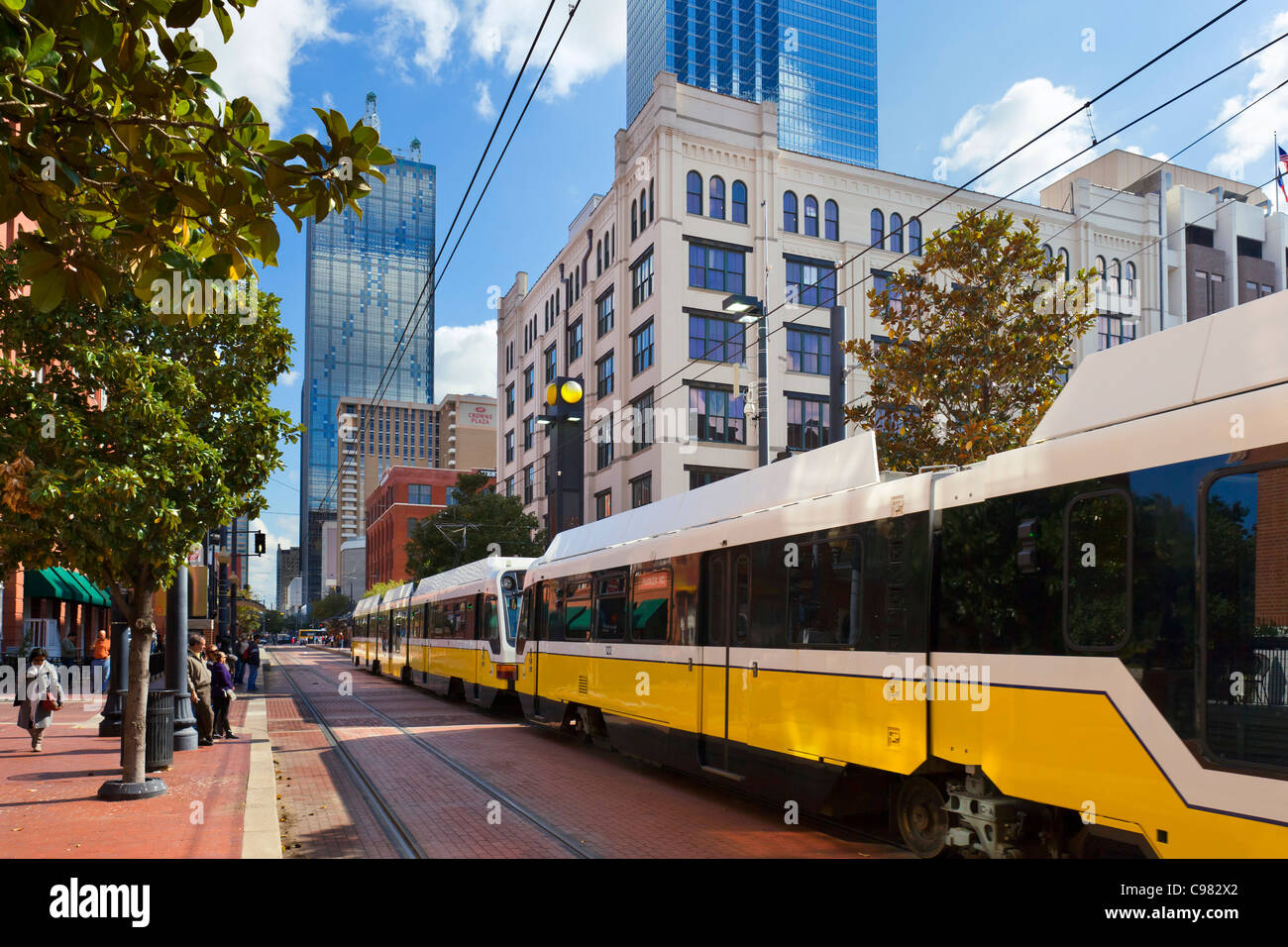 DART Light Rail train on Pacific Avenue at the corner of Market Street ...