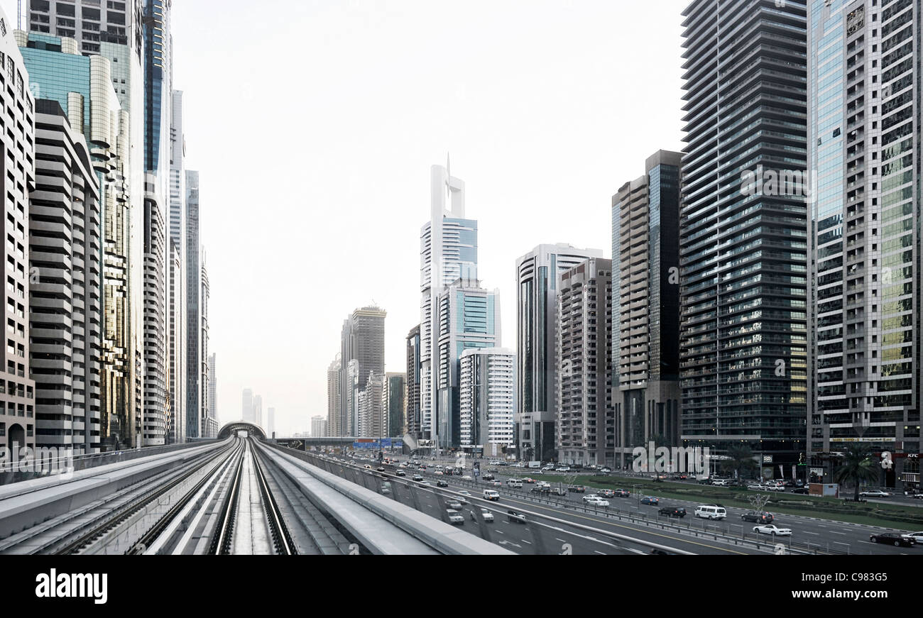 View out of the metro on Sheikh Zayed Road, sunset, downtown Dubai ...