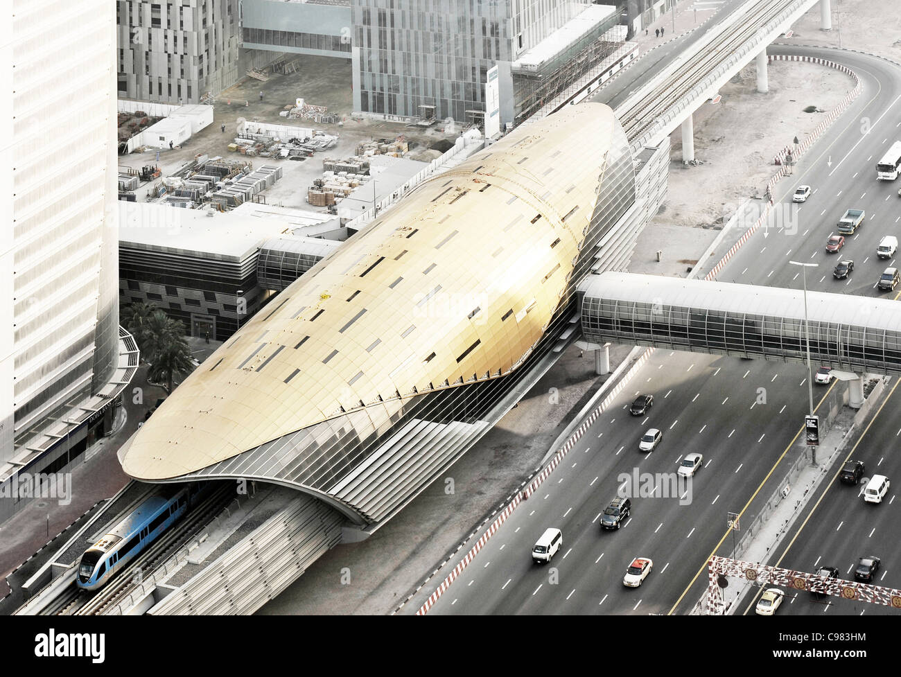 Golden shiny roof of a Metro station of the RTA in the early evening ...
