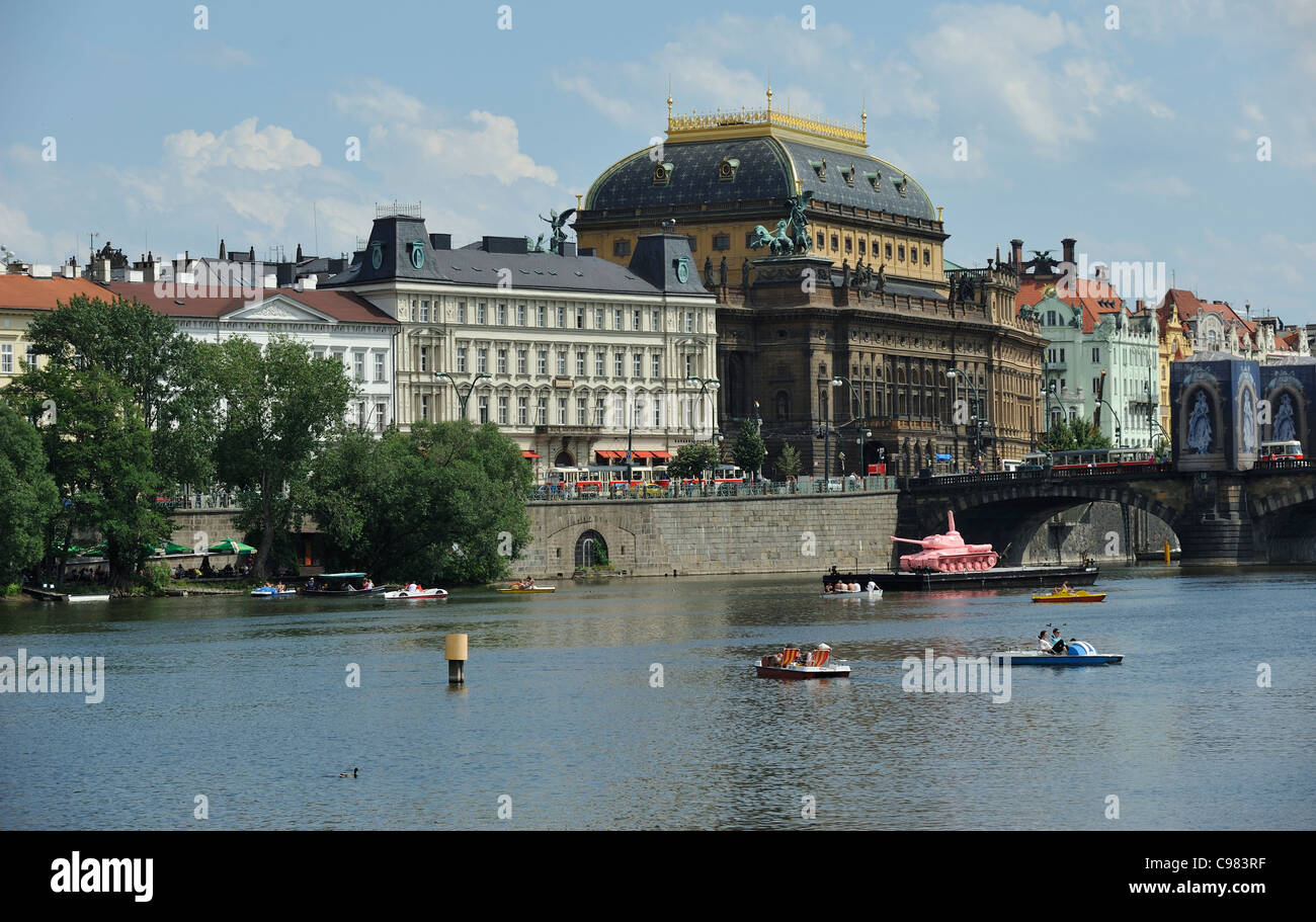 Legii Bridge pink tank art installation Narodni divadlo National ...