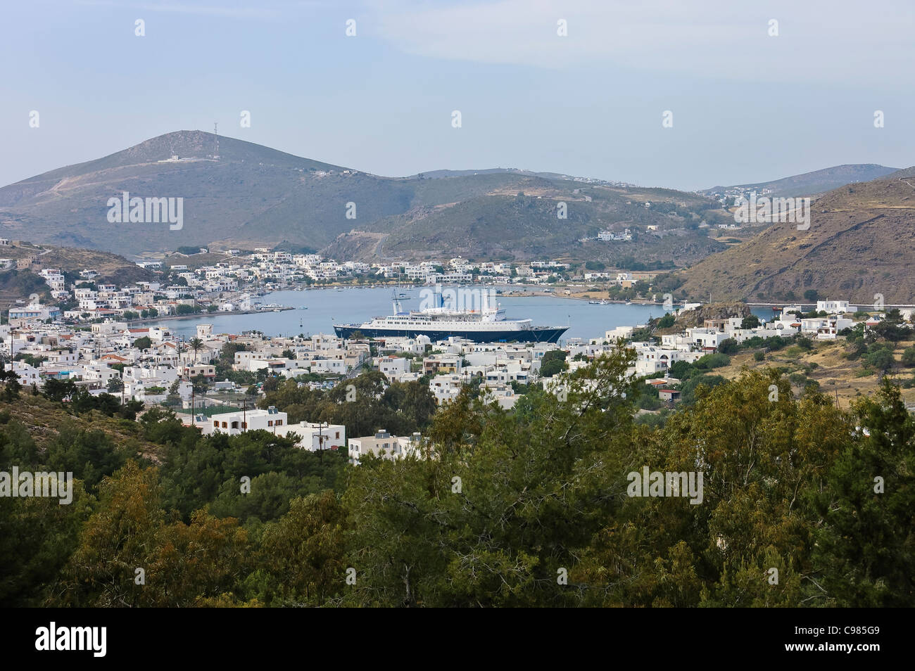 view of Patmos island from Chora, town of Skala, the main port ...
