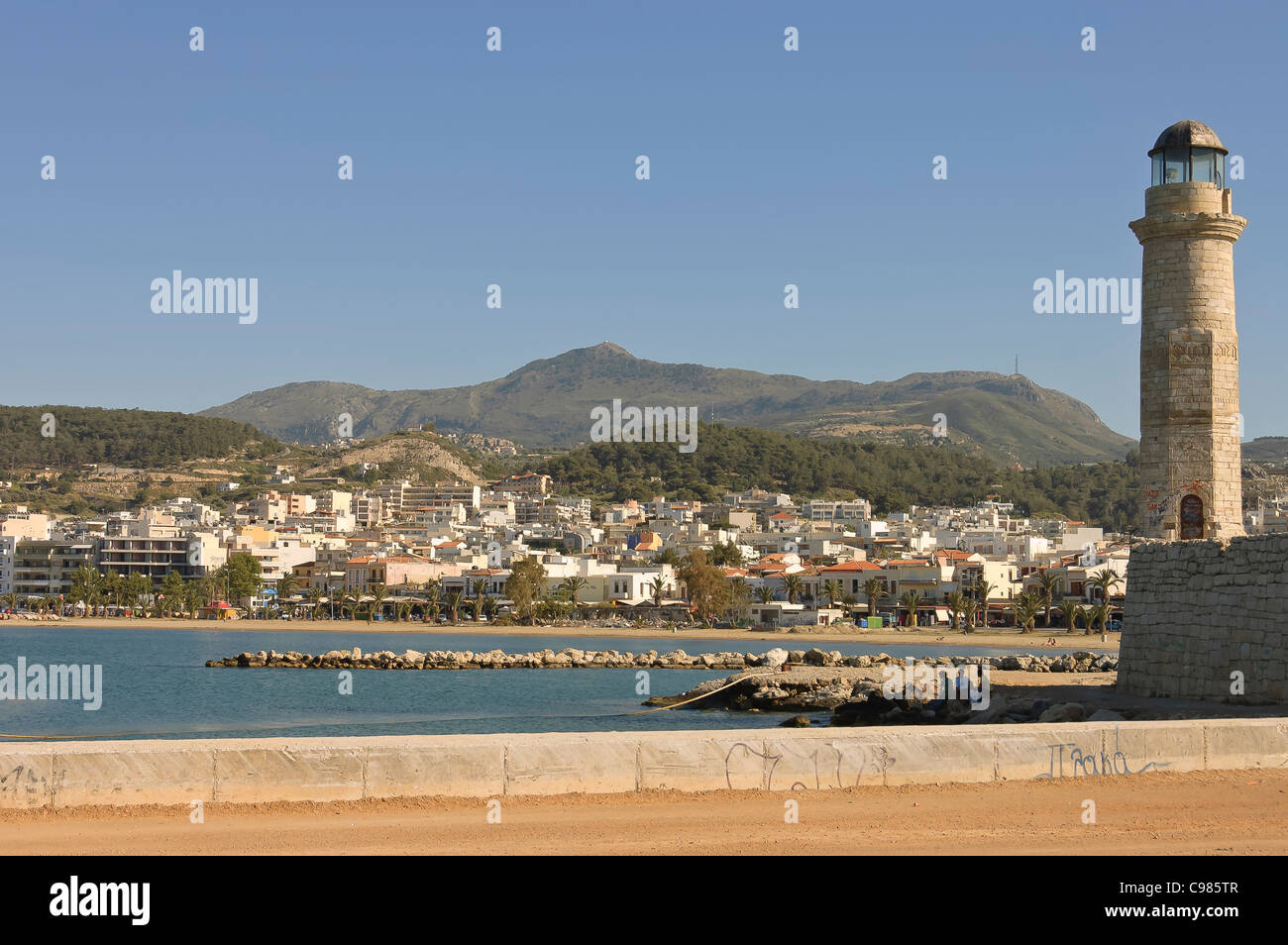 harbor of Chania, city and lighhouse in Crete Island, Greece Stock ...