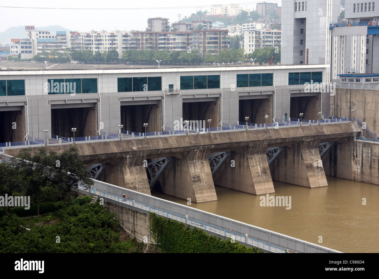 Radial gates at Gezhouba Dam on the Yangtze River at Yichang City ...
