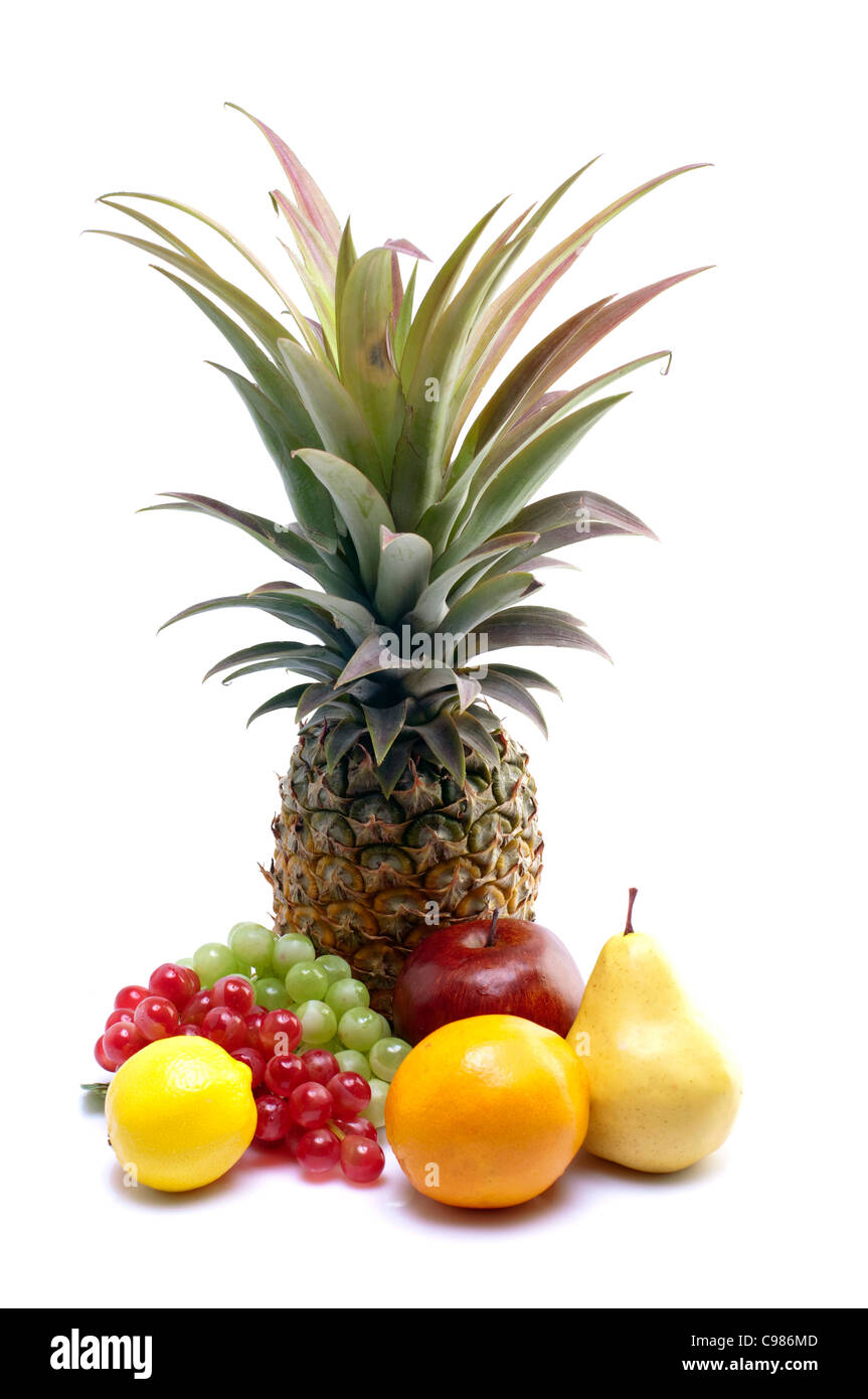 Various fruits on white background Stock Photo - Alamy