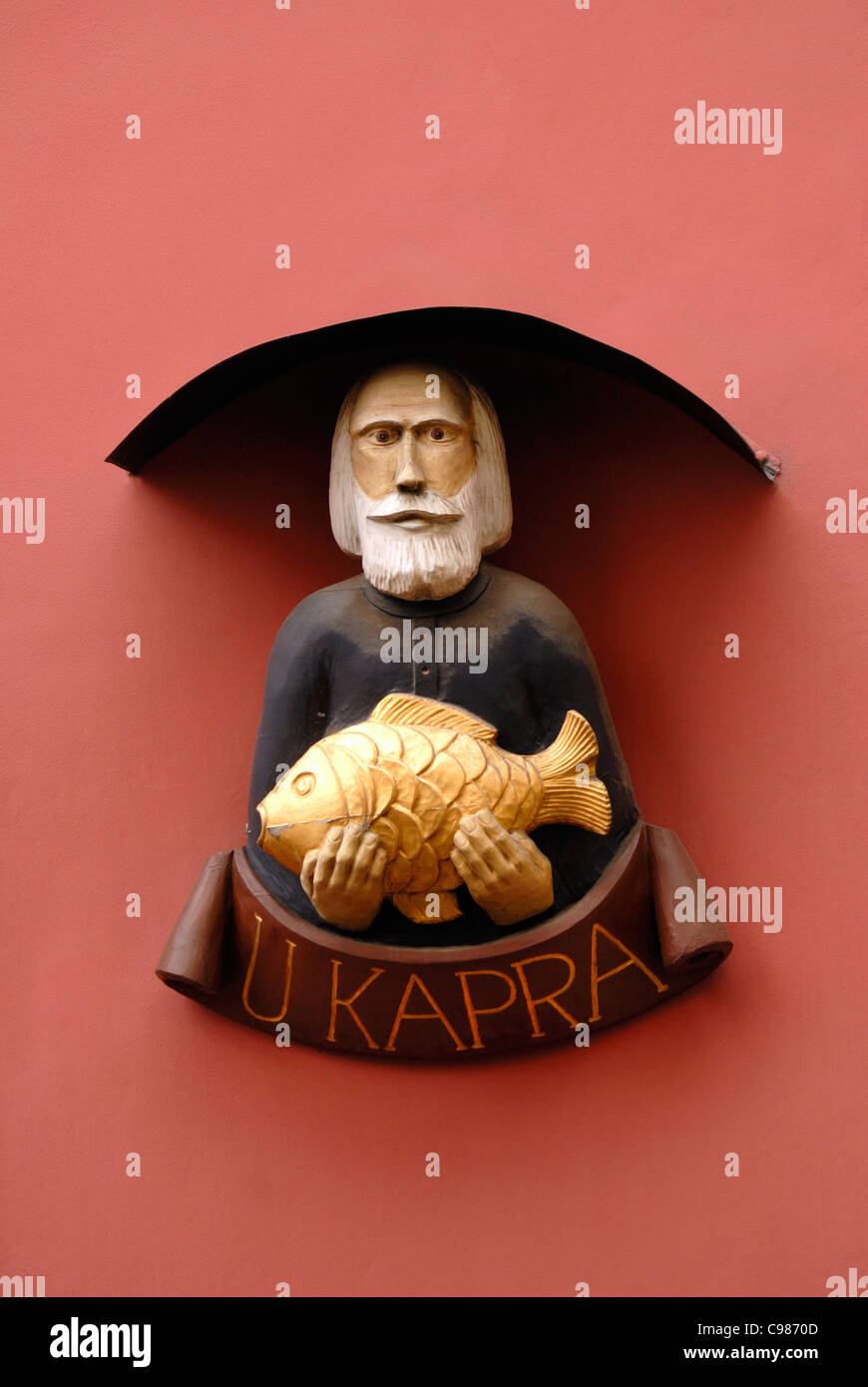 Prague, Czech Republic. Traditional House Sign. U kapra on Male namesti ...