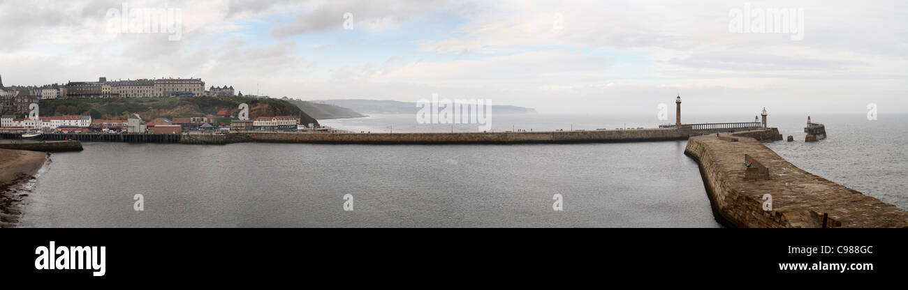 Whitby harbour piers in Panoramic view Stock Photo - Alamy