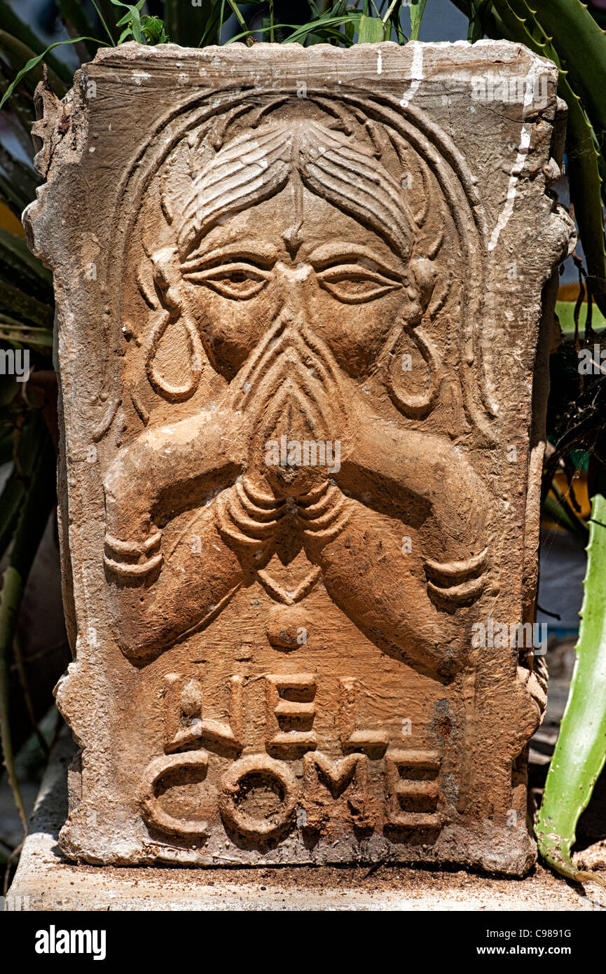 Old indian plant pot with relief molding of namaste indian woman. India ...