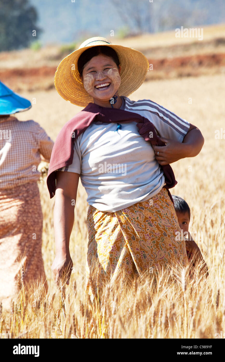 SHAN STATE, MYANMAR : Shan woman with traditional thanakha on her face ...
