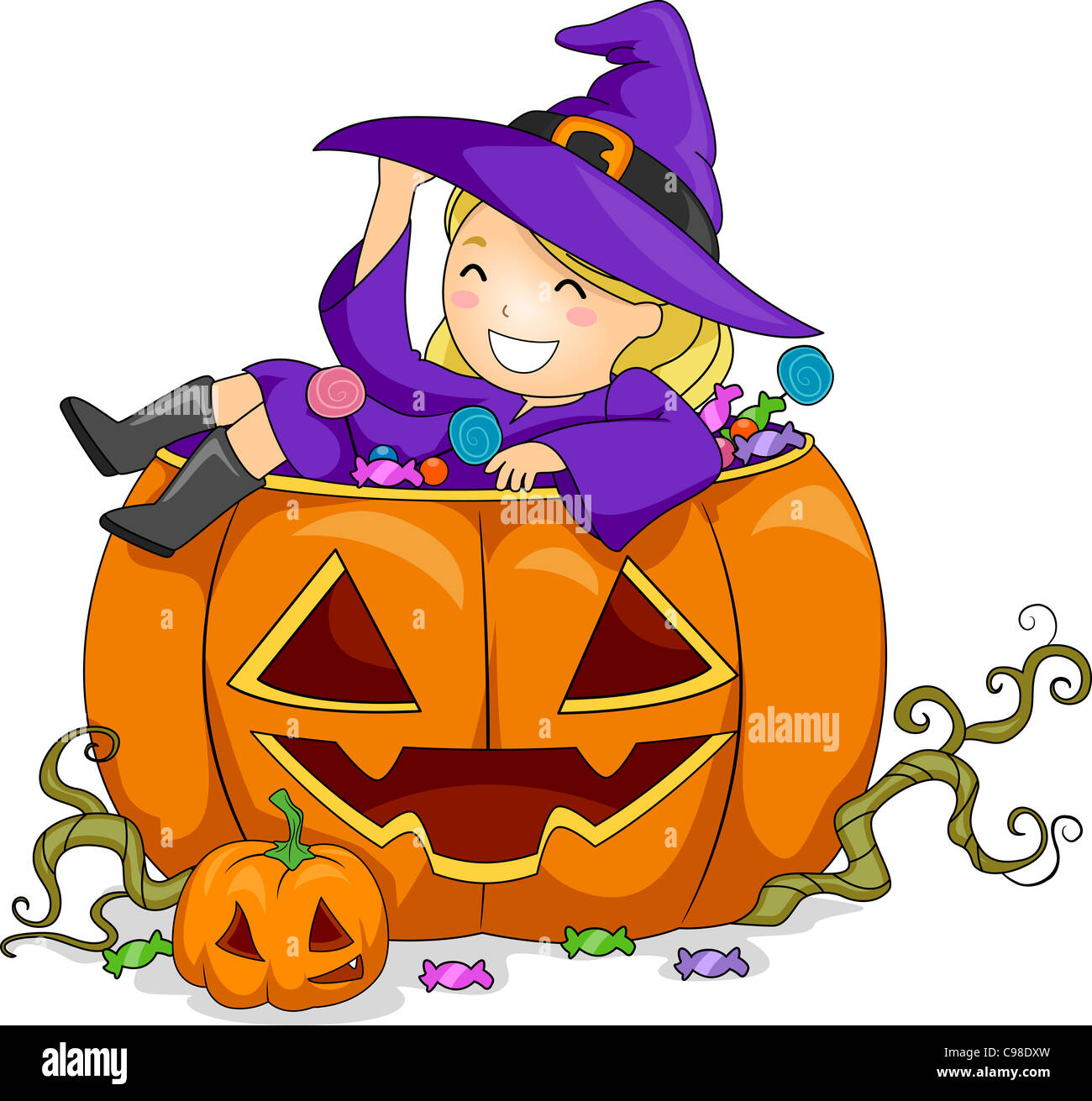 Illustration of a Girl on Pumpkin Stock Photo - Alamy
