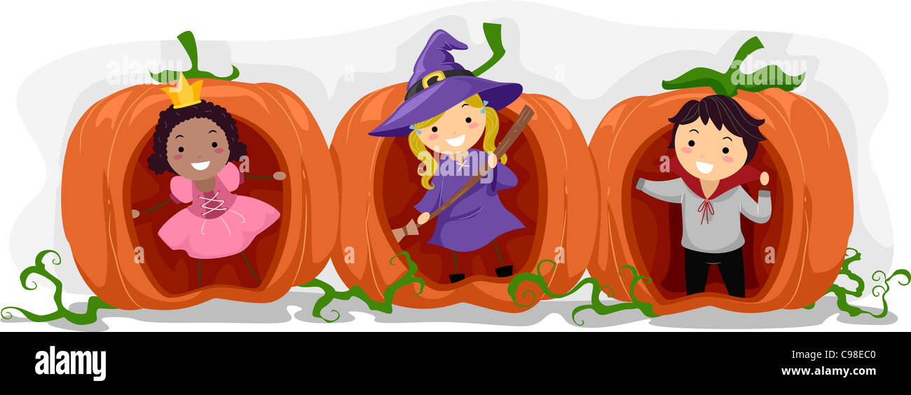 Illustration of Kids Playing inside Hollow Pumpkins Stock Photo - Alamy