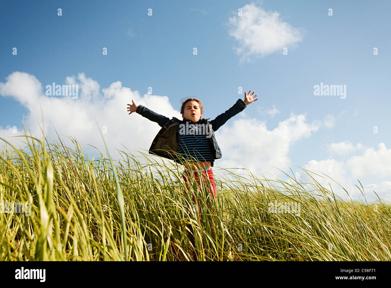 Girl holding arms long grass Stock Photo - Alamy
