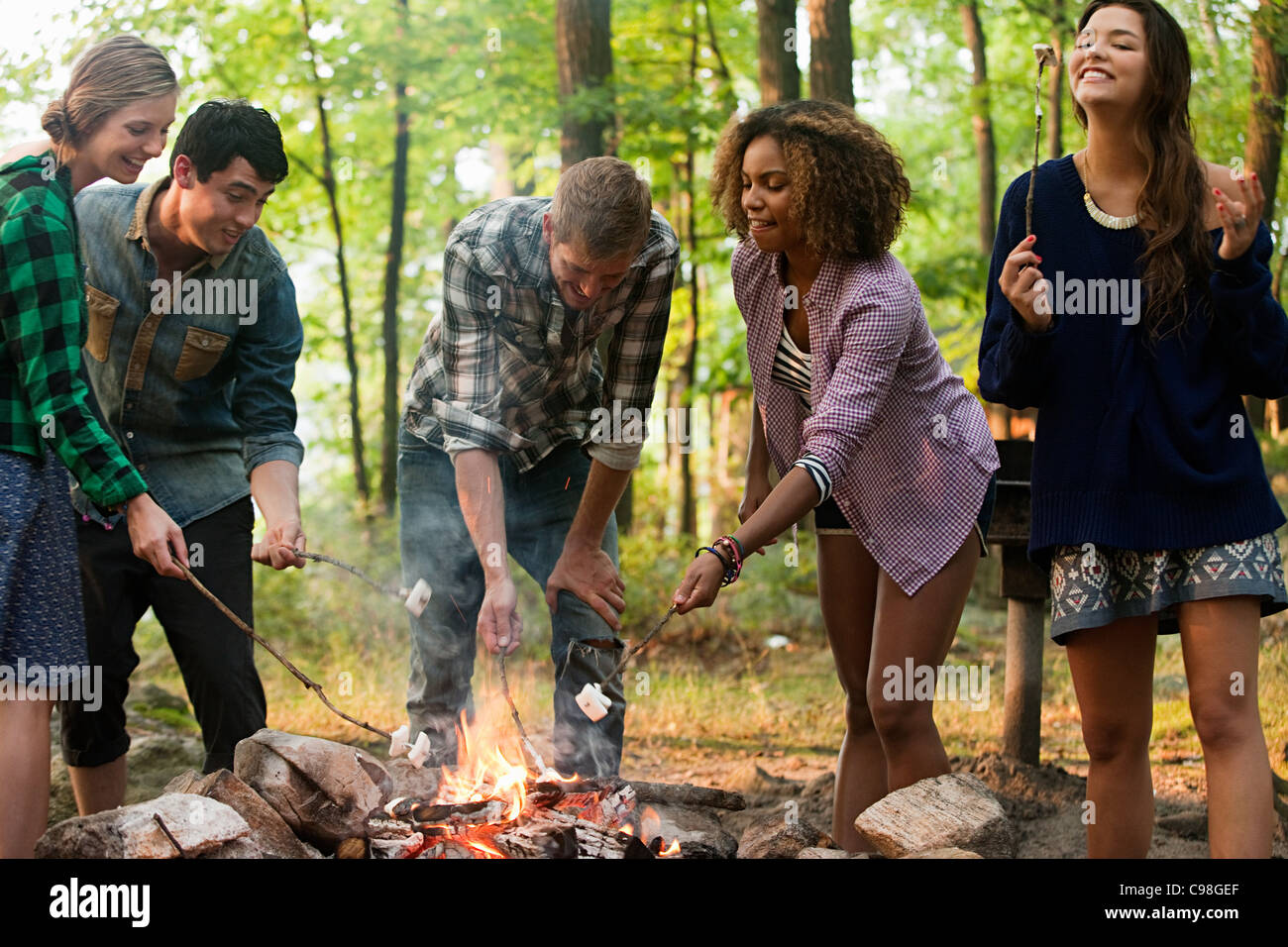 Friends cooking over campfire forest Stock Photo - Alamy