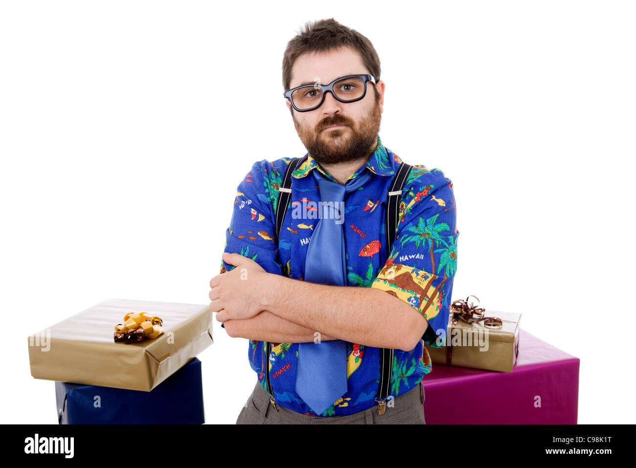happy silly salesman with some boxes, isolated on white Stock Photo - Alamy
