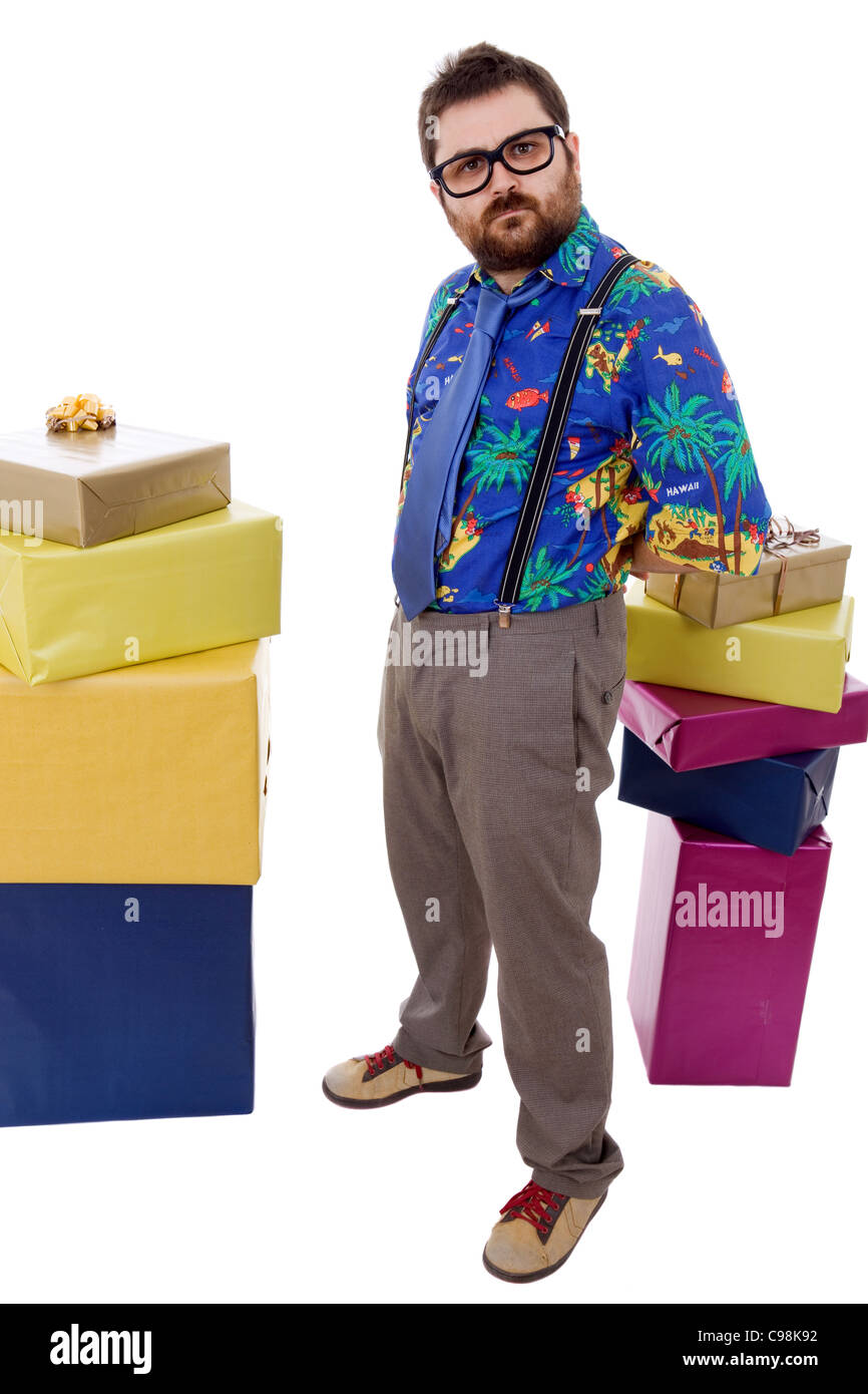 happy silly salesman with some boxes, isolated on white Stock Photo - Alamy