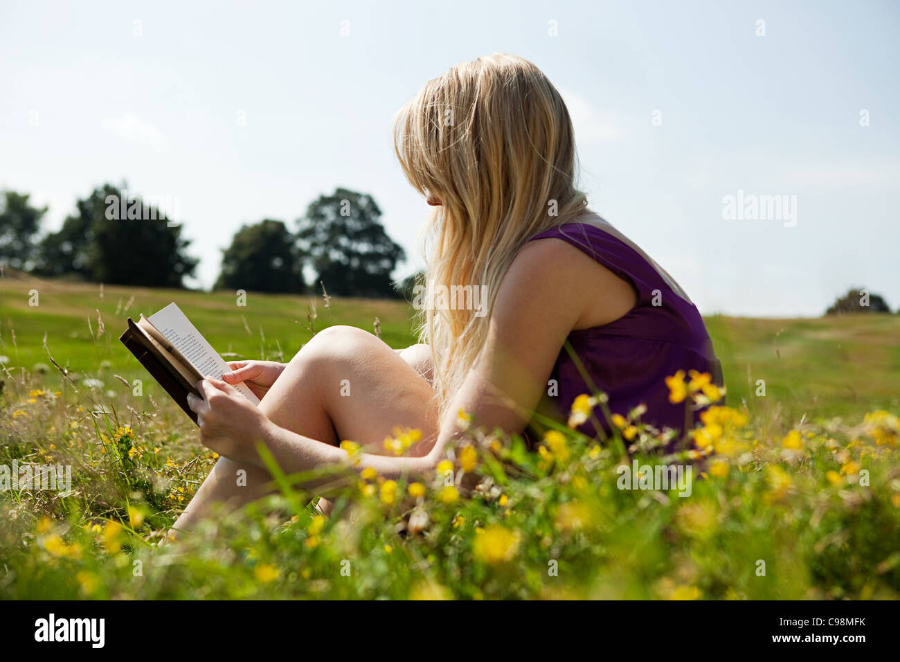 Young woman reading book field Stock Photo - Alamy