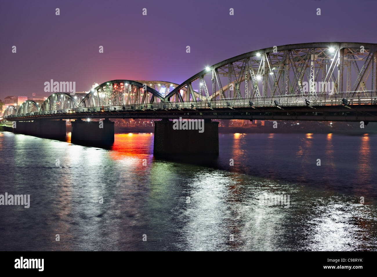 Illuminated Trang Tien Bridge over Perfume River, Hue, Vietnam Stock ...