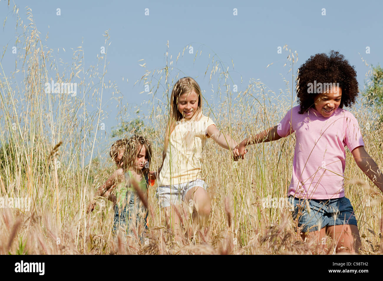 Friends holding hands in field Stock Photo - Alamy