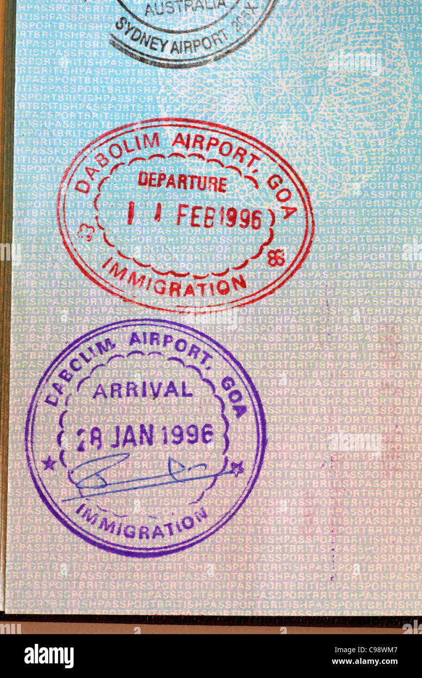 Immigration stamps in British passport for Dabolim Airport, Goa Stock ...