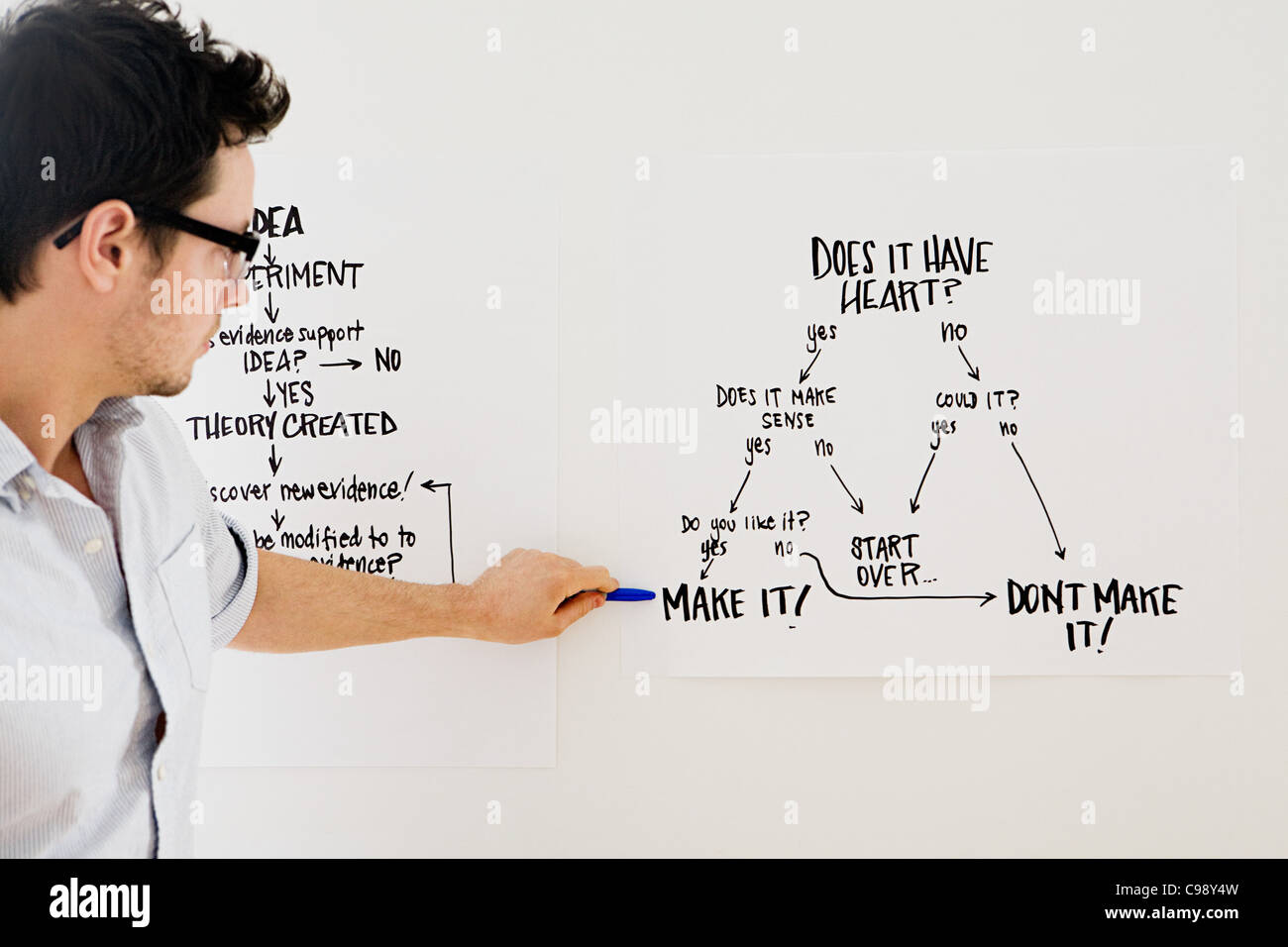 Young man pointing at chart Stock Photo - Alamy