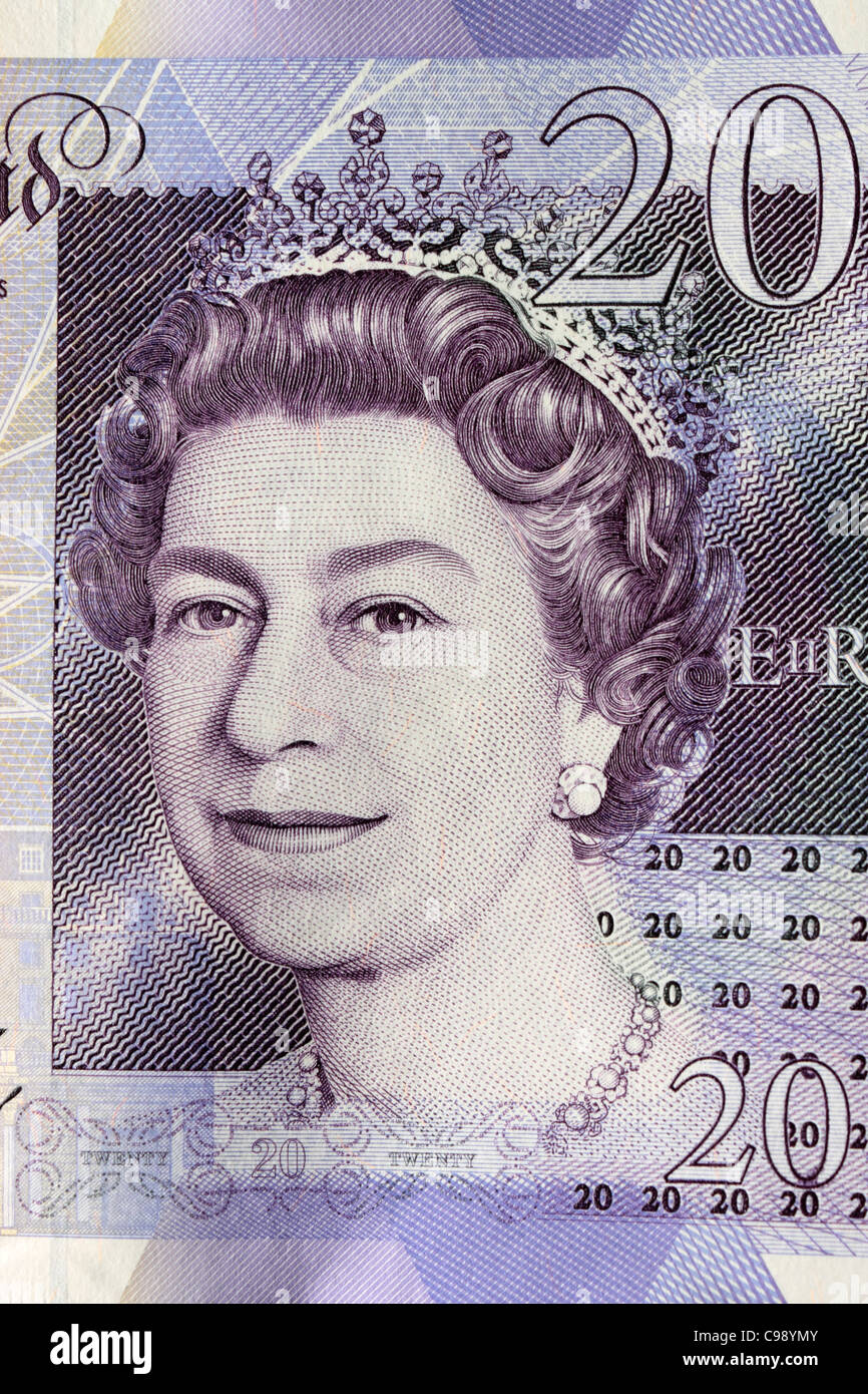 £20 Note Close Up showing the queens head Stock Photo - Alamy
