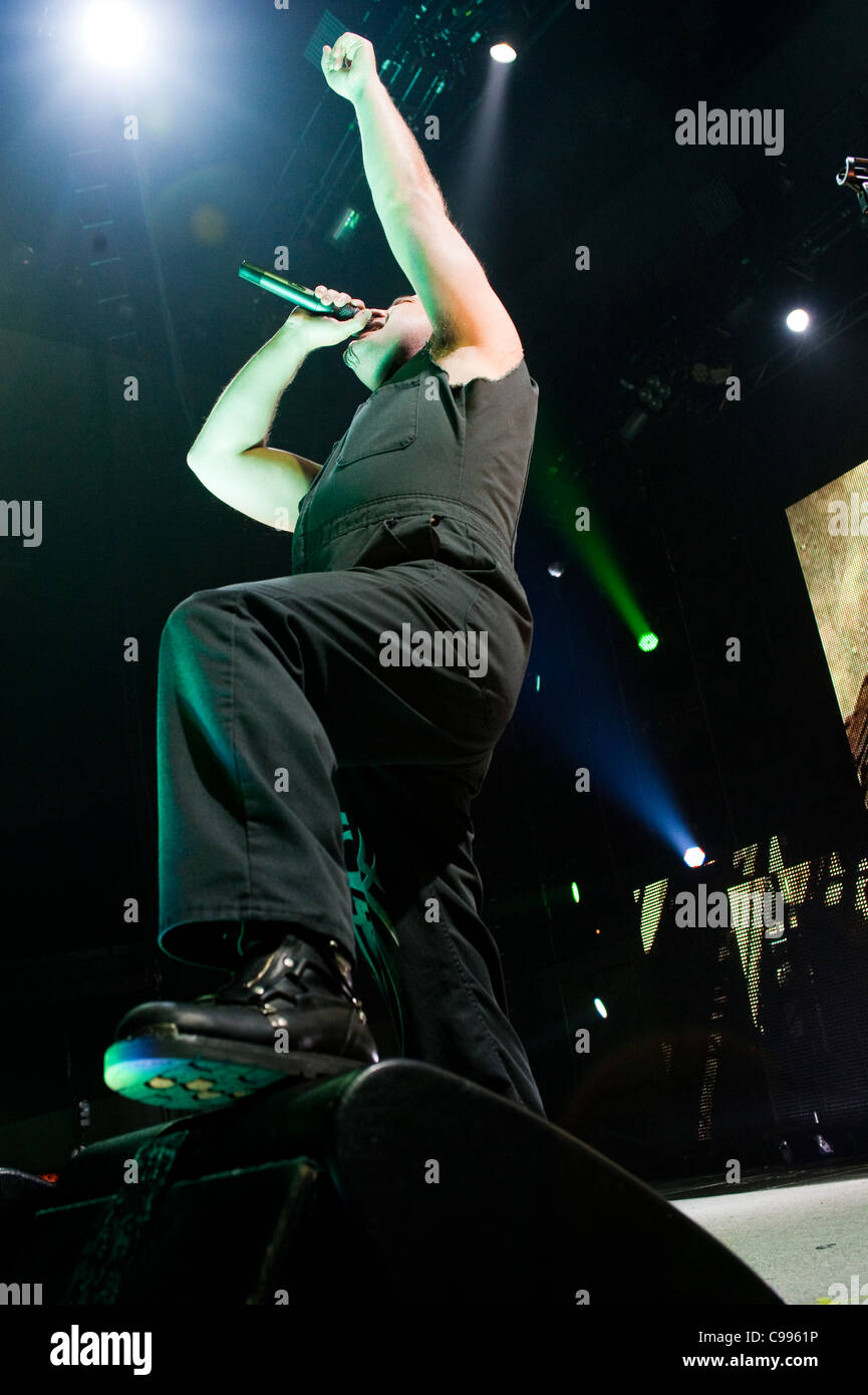 Dave Draiman of Disturbed performs on stage at the Rose Garden in ...