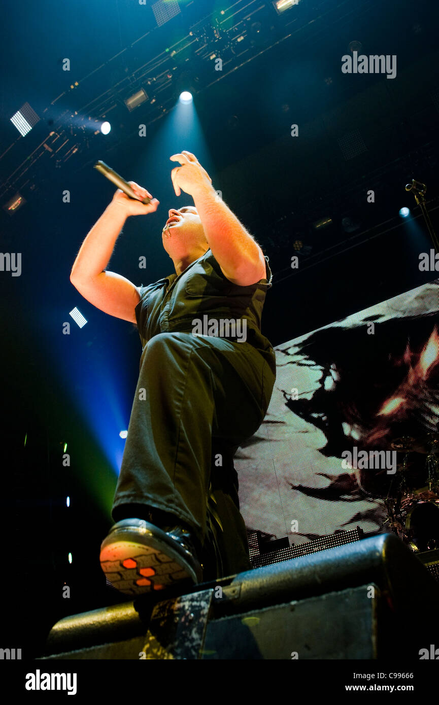 Dave Draiman of Disturbed performs on stage at the Rose Garden in ...