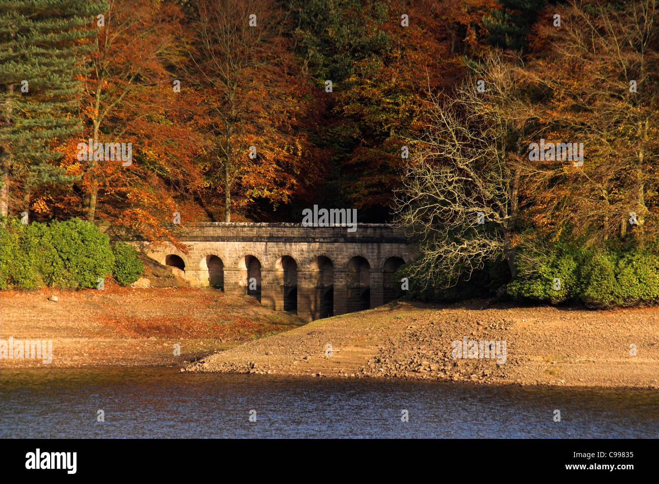Arched road bridge, Derwent Reservoir, Autumn woodland, Upper Derwent ...