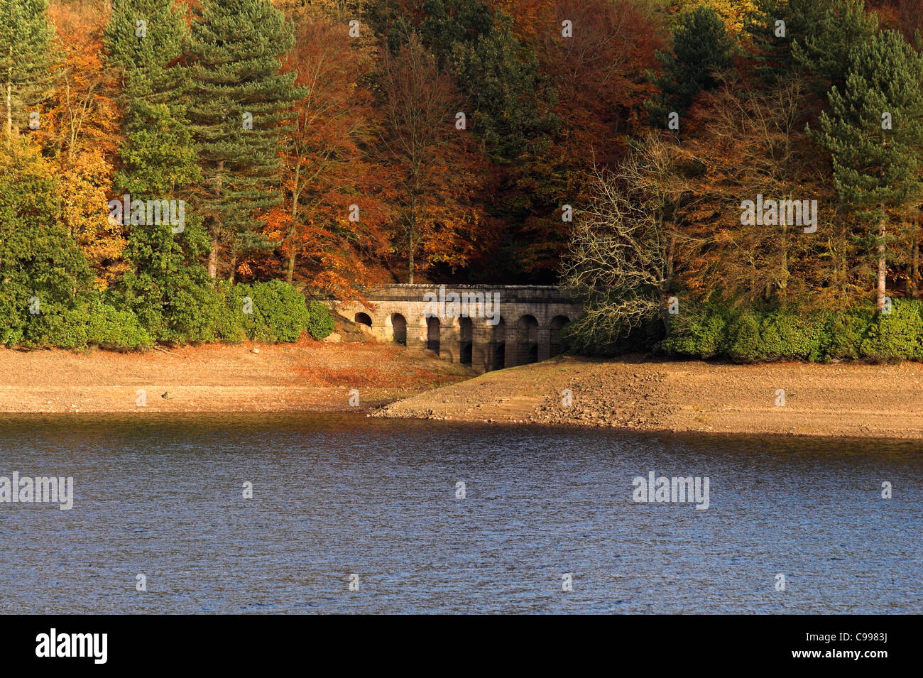 Arched road bridge, Derwent Reservoir, Autumn woodland, Upper Derwent ...
