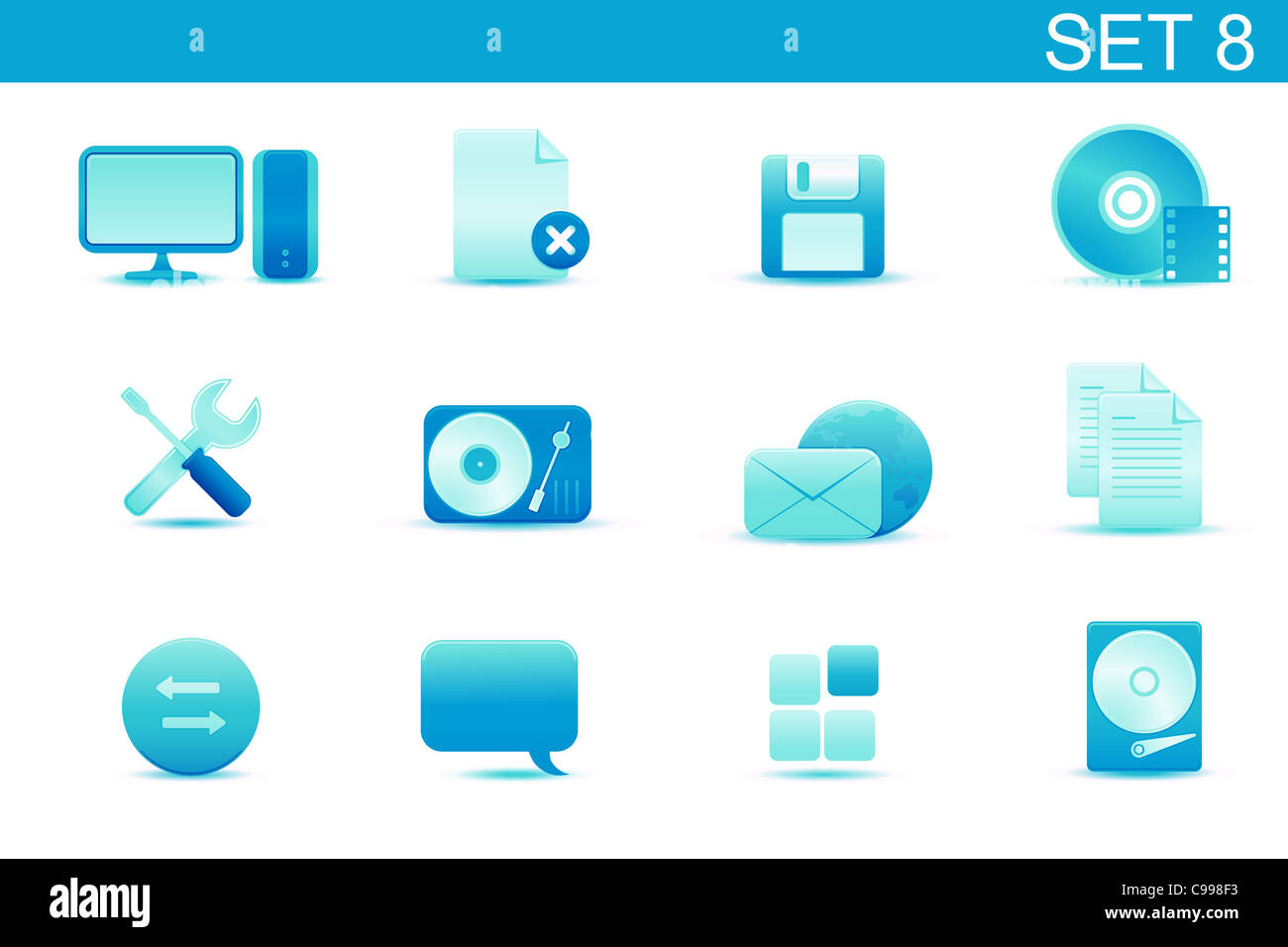 set of blue elegant simple icons for common computer and media devices ...