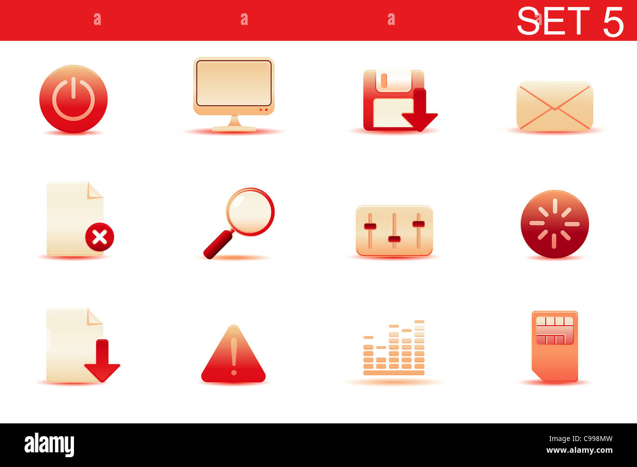 set of red elegant simple icons for common computer and media devices ...