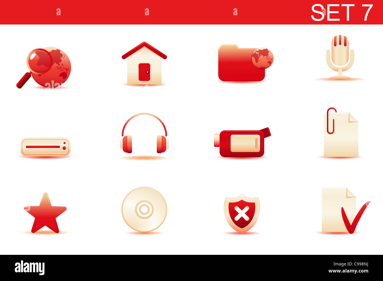 set of red elegant simple icons for common computer and media devices ...