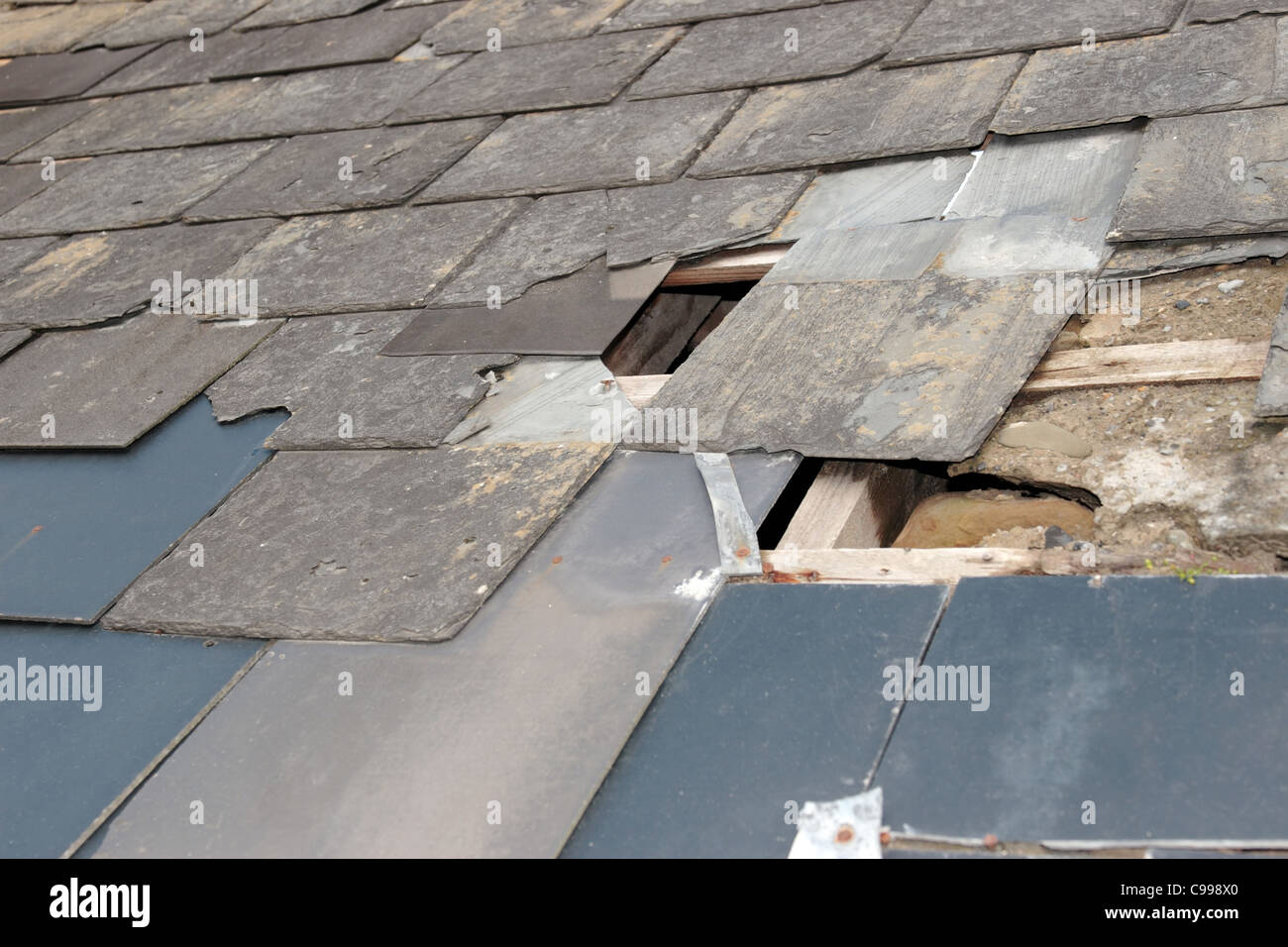 hole in a roof due to storm or decay Stock Photo - Alamy