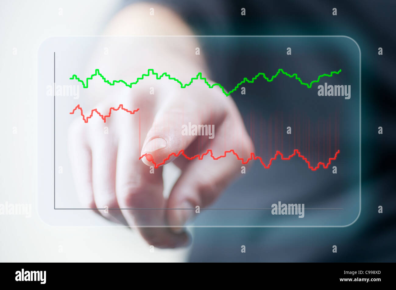 Concept of reducing costs. A hand is moving down, meaning lowering, the ...