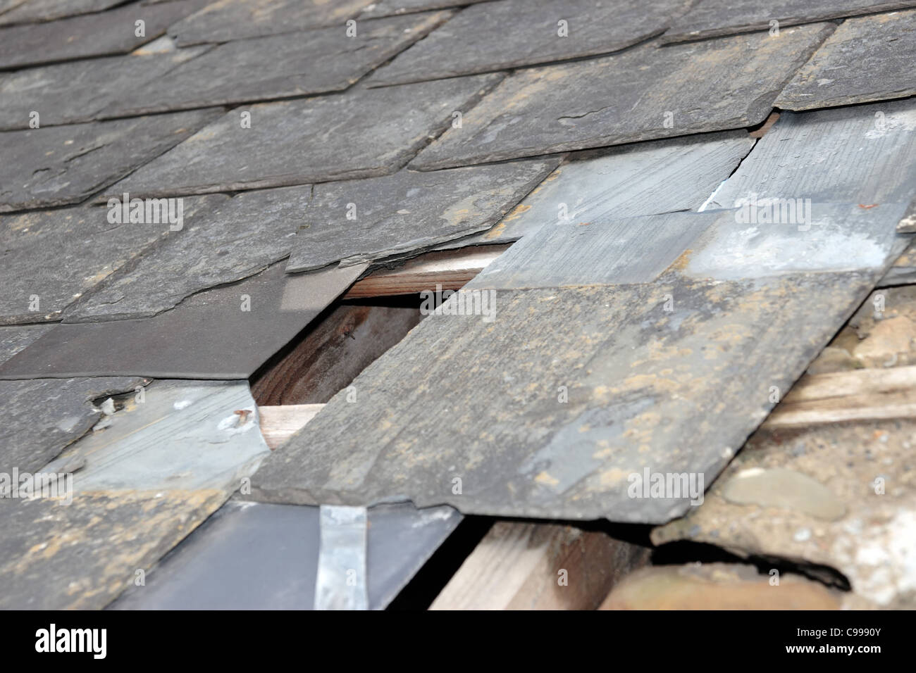 hole in a roof due to storm or decay Stock Photo - Alamy
