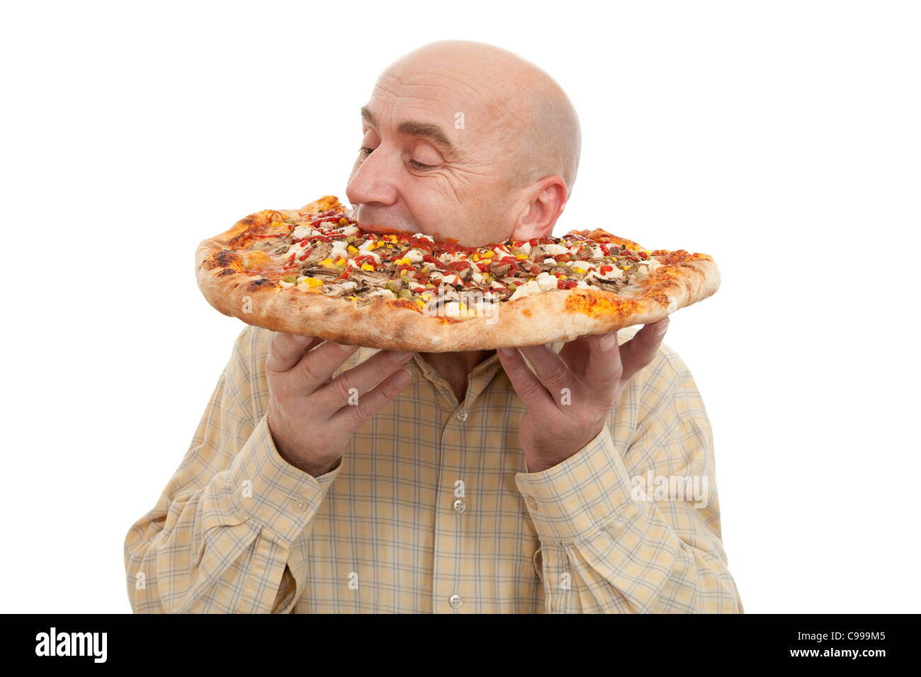 glutton eat big pizza on white background Stock Photo - Alamy