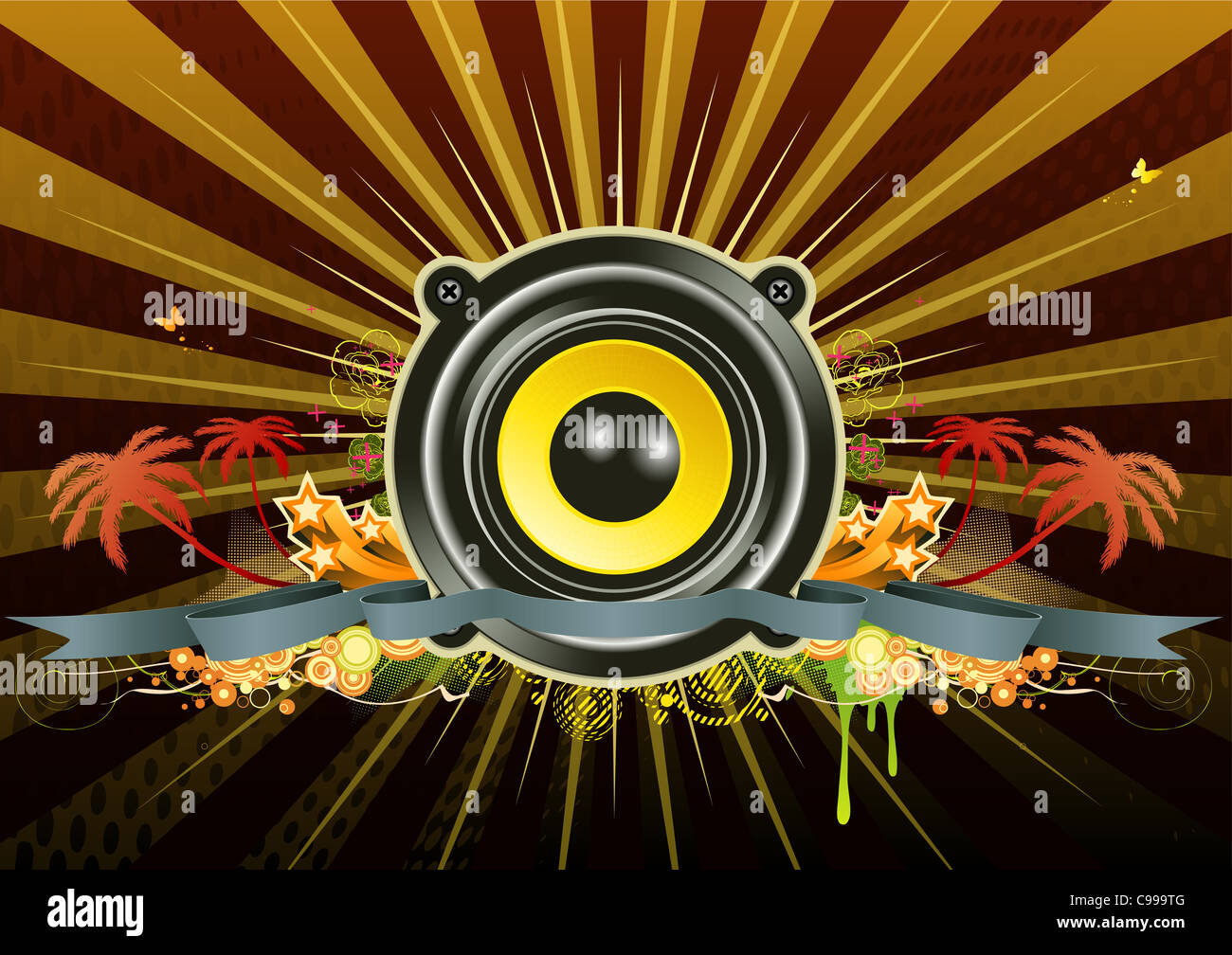 illustration of urban music scene - Speaker with star wreath, ribbon ...