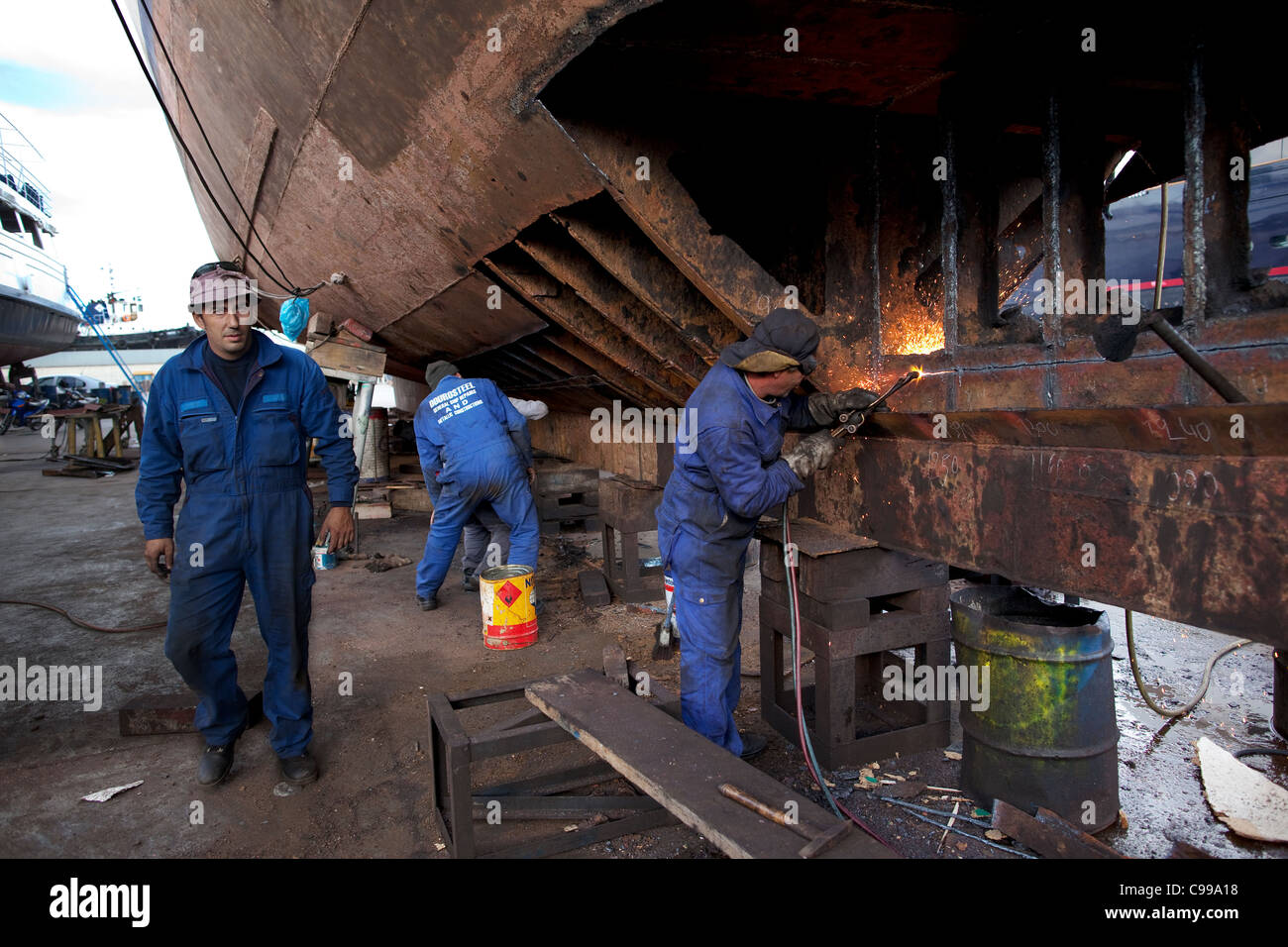 Greek shipworkers at Halkitis Shipyards, Perama Piraeus, outside Athens ...